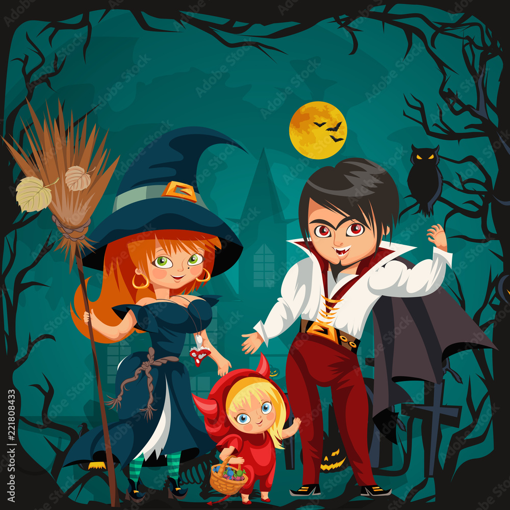 All Hallows Eve family party flat poster vector illustration. Cartoon ...