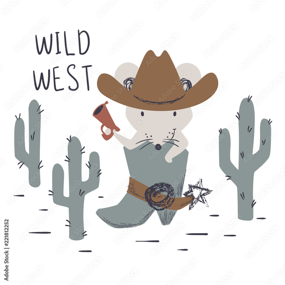 Western mouse baby cute print. Wild west animal with hat, boot, gun ...
