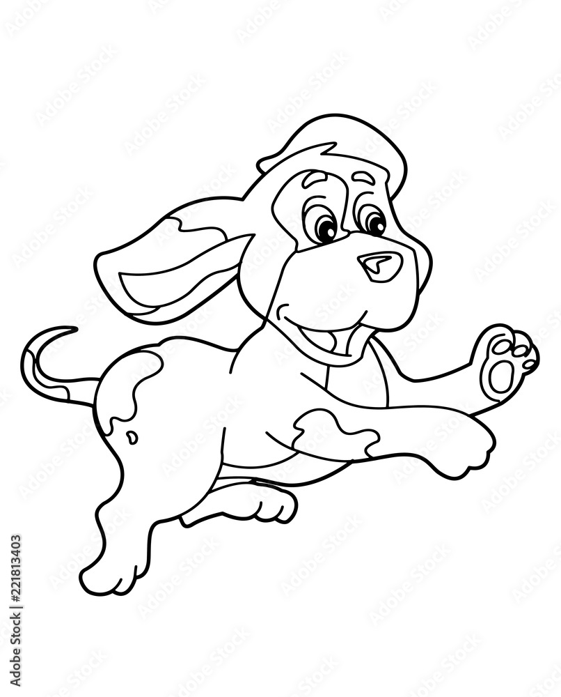 cartoon scene with a dog jumping and running - vector coloring page ...