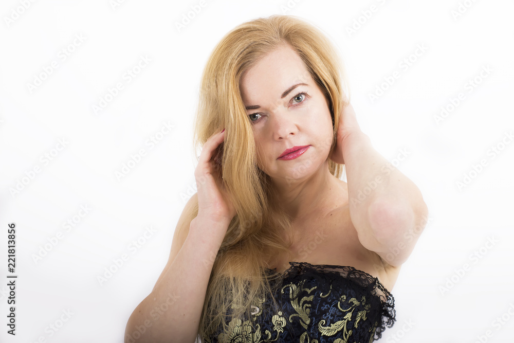 Beautiful 45 old woman posing in black lingerie. Studio and white ...