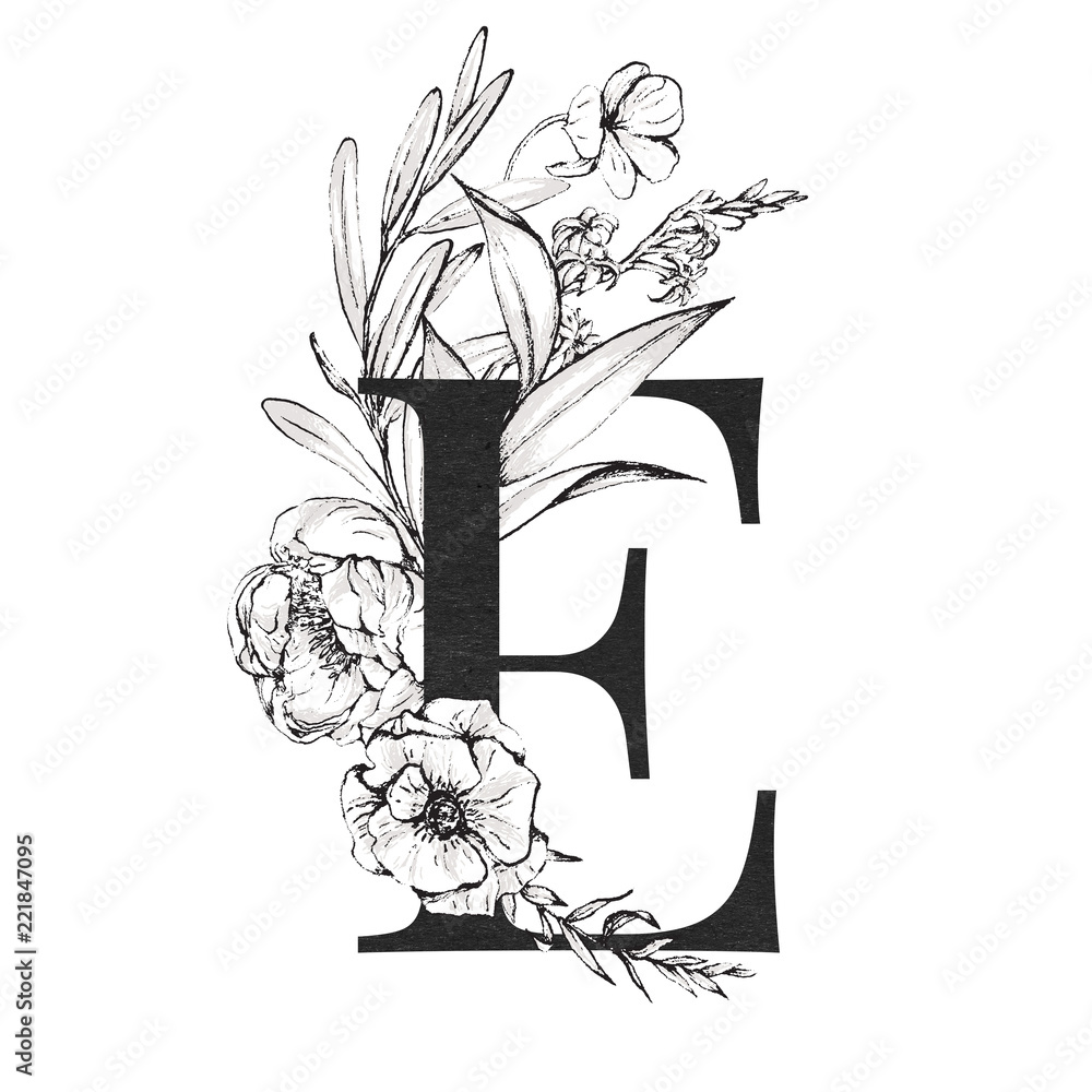 Graphic Floral Alphabet - letter E with black and white flowers bouquet ...