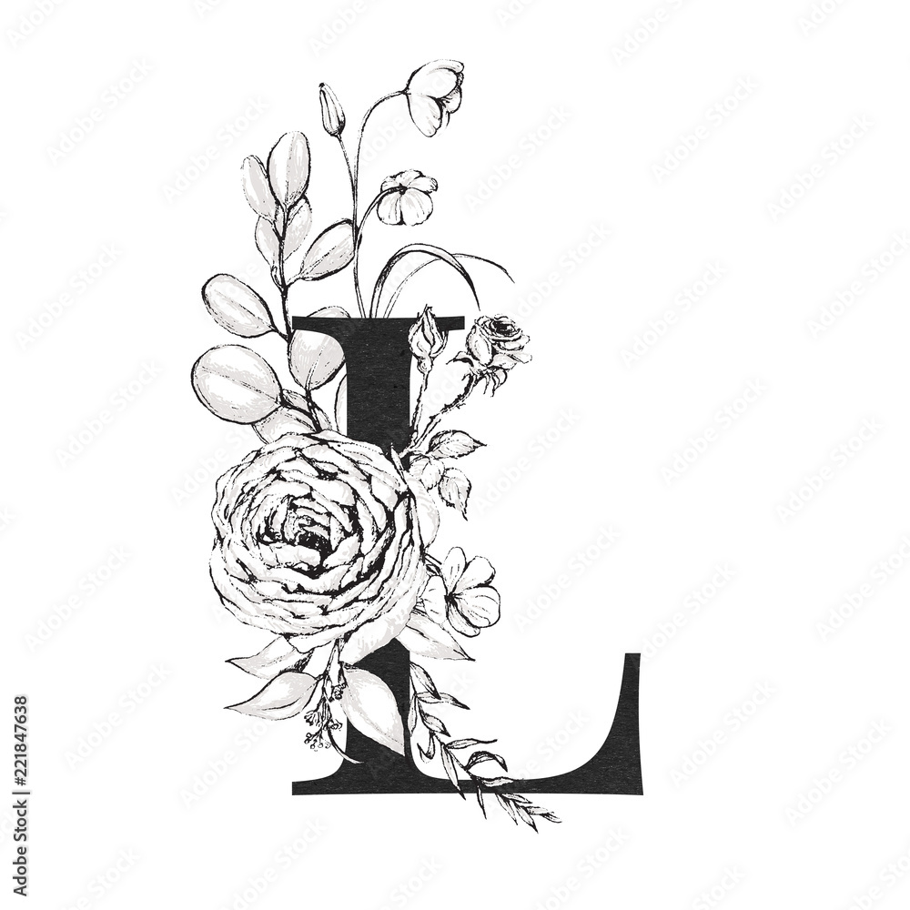 Graphic Floral Alphabet - letter L with black and white flowers bouquet ...