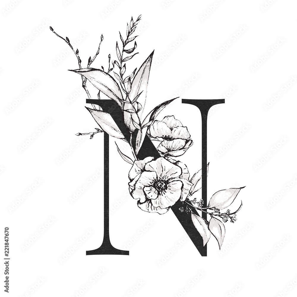 Graphic Floral Alphabet - letter N with black and white flowers bouquet ...