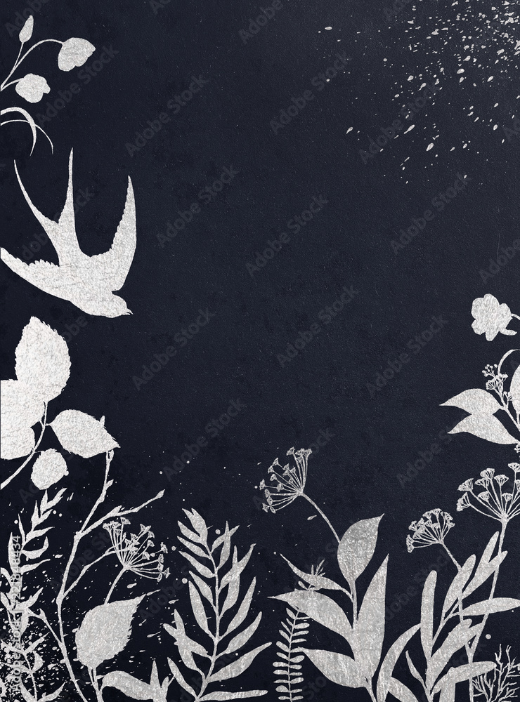 Graphic floral illustration - silver inked flowers frame / border ...