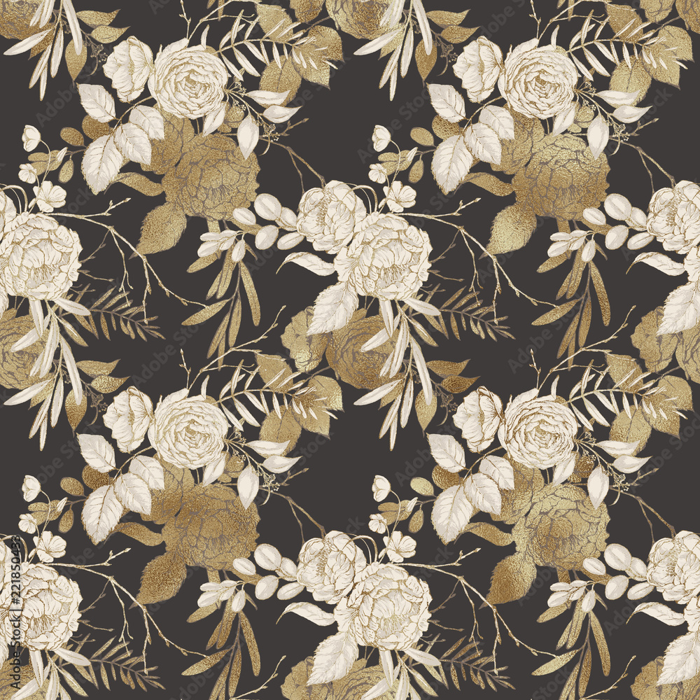 Graphic floral seamless pattern - gold textured flower bouquets on dark ...