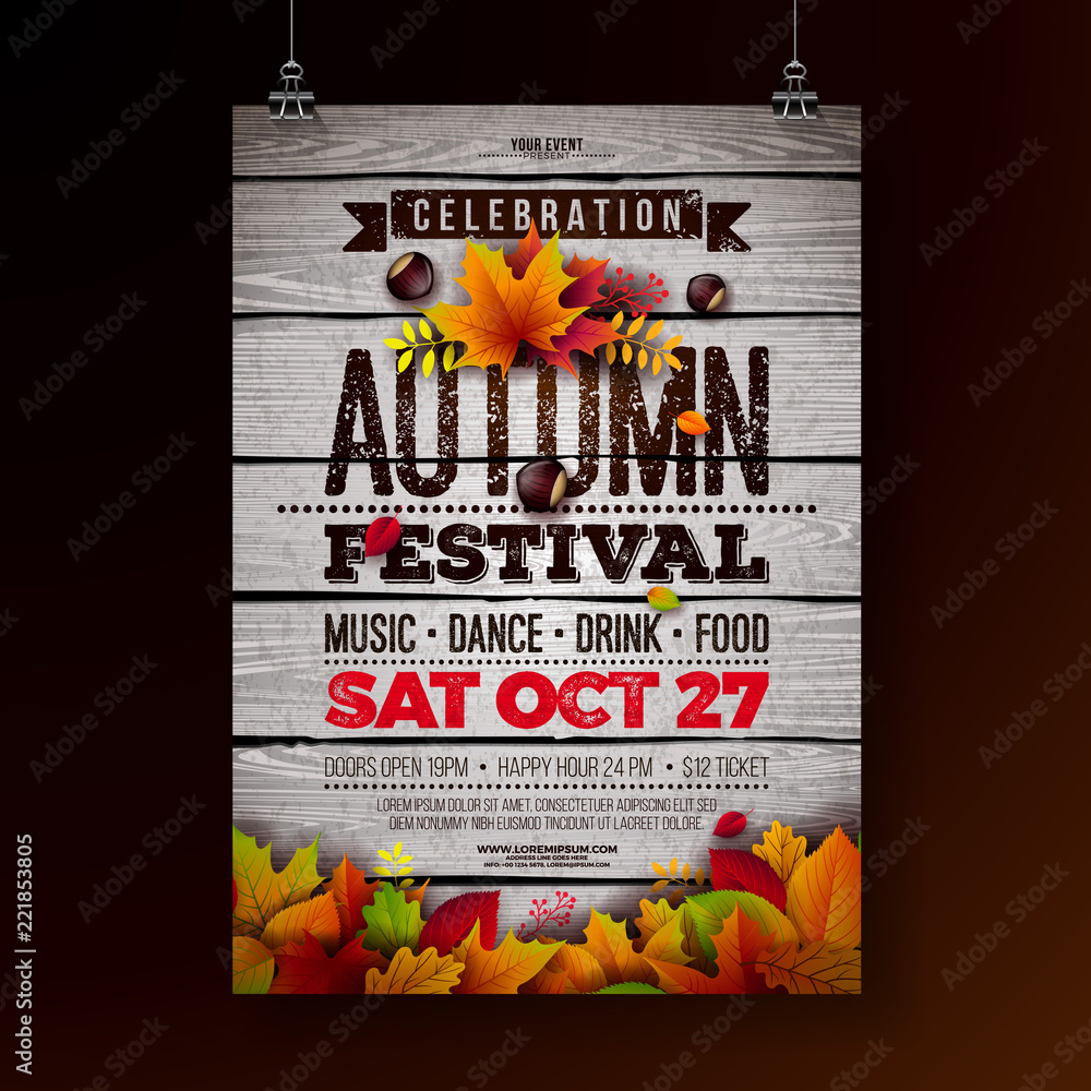 Autumn Party Flyer Illustration with falling leaves and typography ...