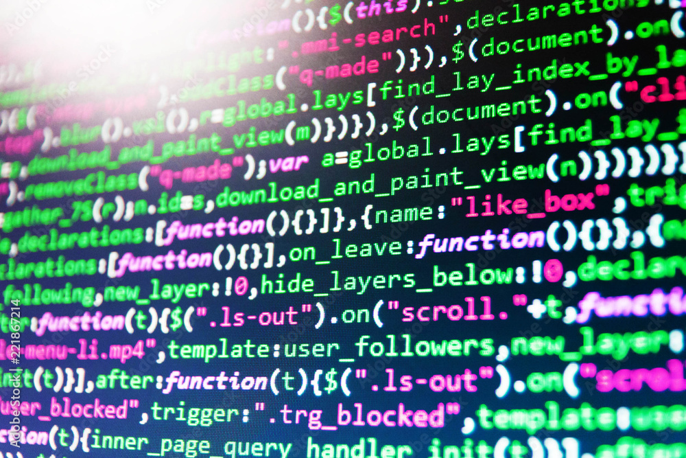 Programmer typing new lines of HTML code. Innovative startup project. Big data database app ...