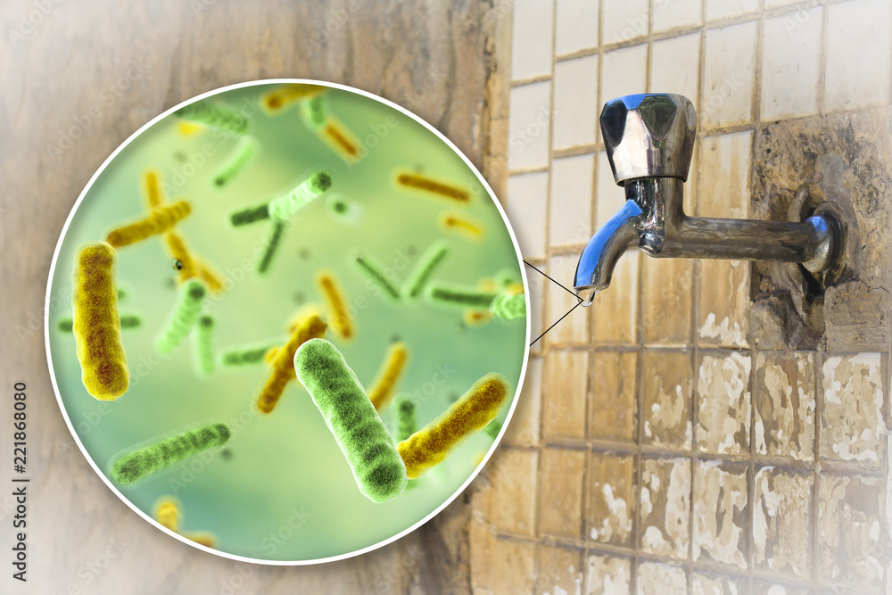 Safety of drinking water concept, 3D illustration showing bacteria ...