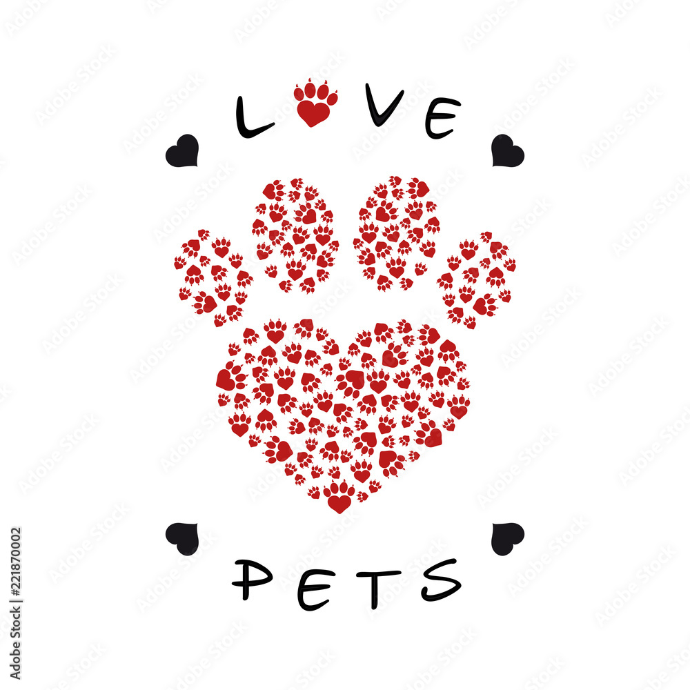 Vector illustration of a paw print made with heart shape filled with ...