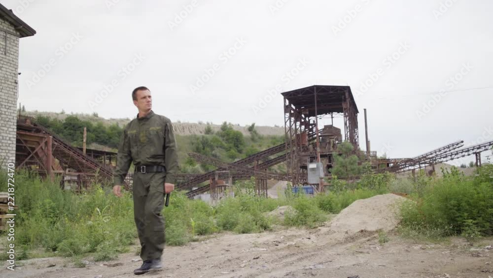 security guards in full equipment, machine gun, body armor, masks ...