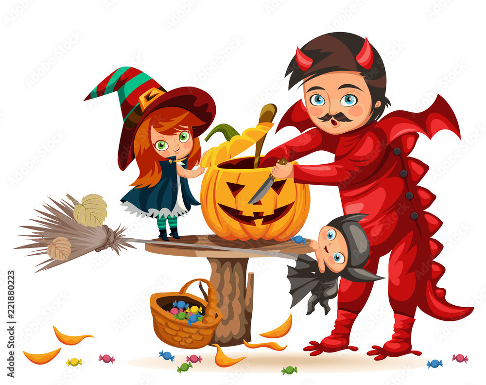 Father and daughter making Hallows pumpkin poster. Cartoon dad with ...