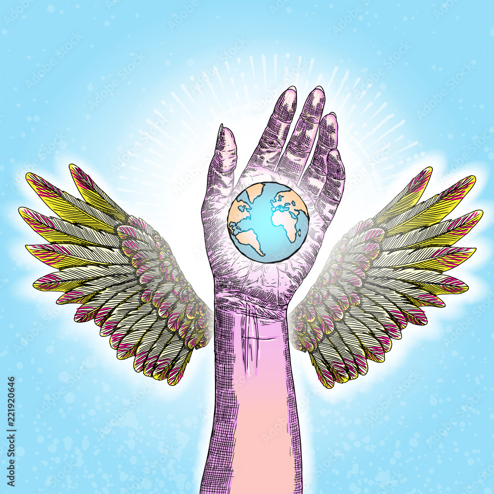 Green world concept. Earth in angel guardian hands. Hand with wings ...