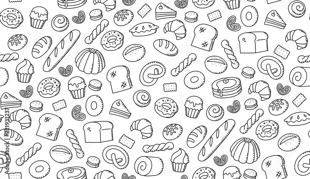 Seamless pattern background Bakery kids hand drawing set illustration ...