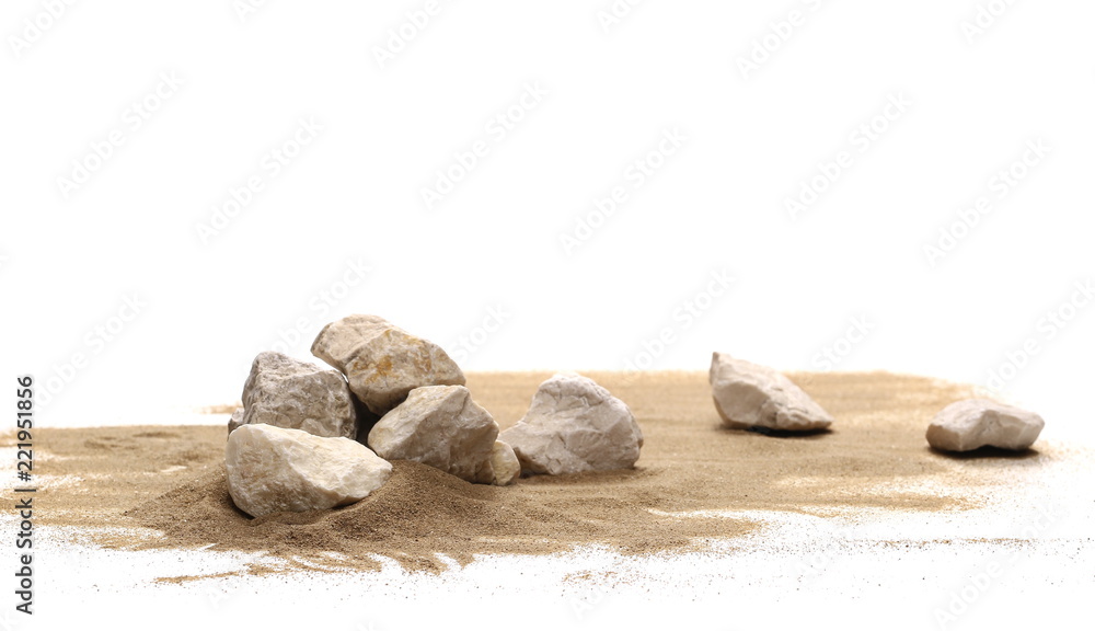 Rocks in sand pile isolated on white background and texture Stock Photo ...