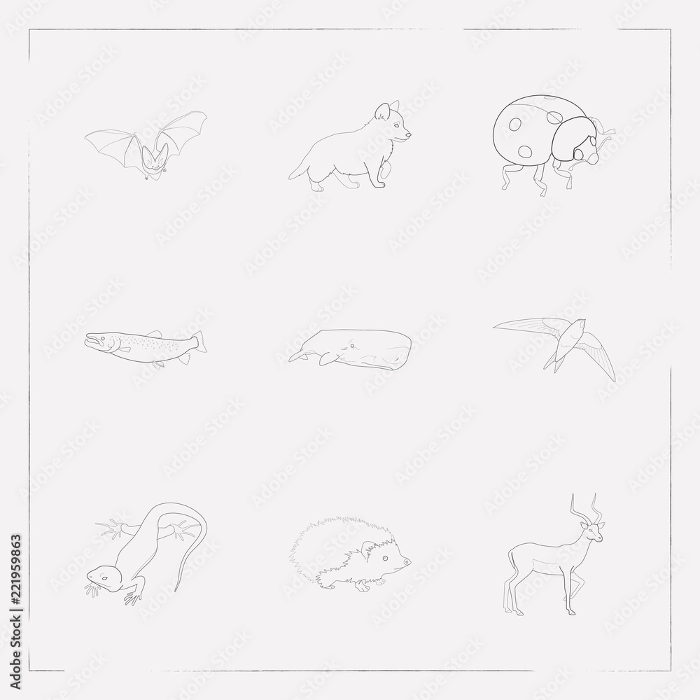 Set of alive icons line style symbols with lizard, hedgehog, swift and ...