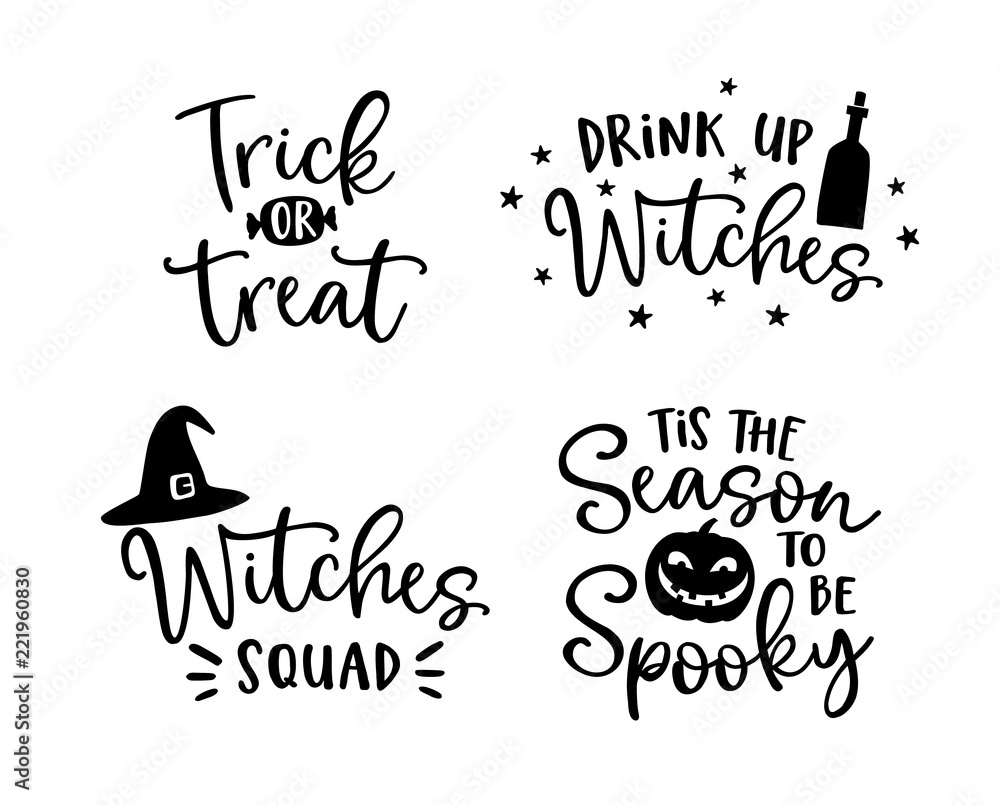 Set of handlettered Halloween phrases. Spooky auumn quotes with witches ...