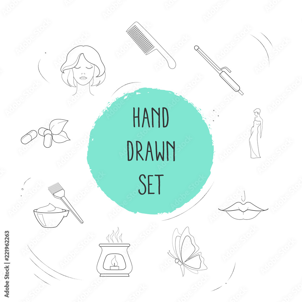 Set of fashion icons line style symbols with model girl, short ...