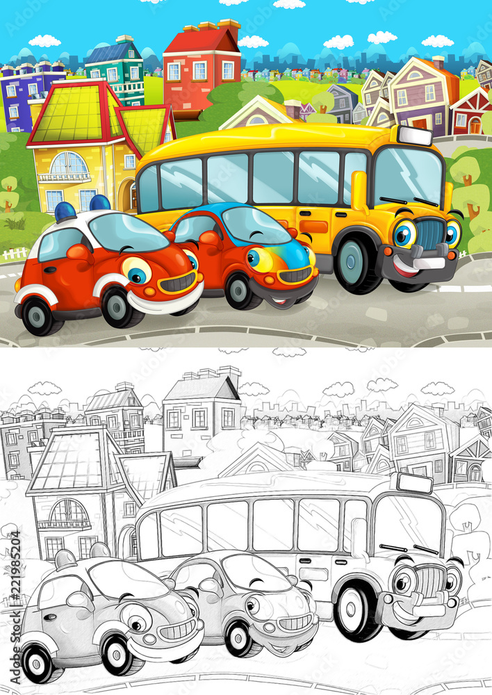 cartoon scene with cars on the street - with coloring page ...