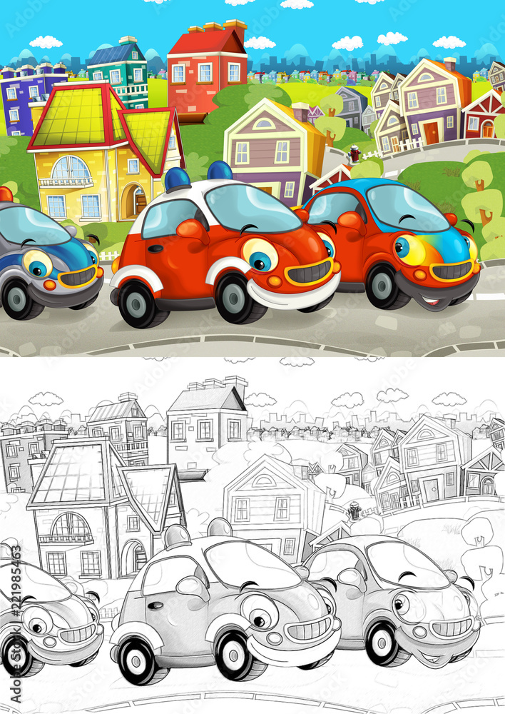 cartoon scene with cars on the street - with coloring page ...