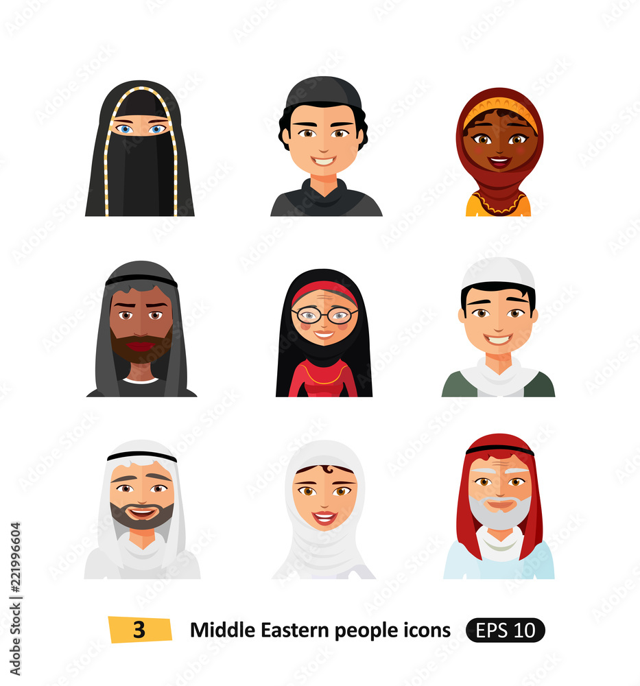 Muslim arab people avatars characters icons set in flat style isolated ...
