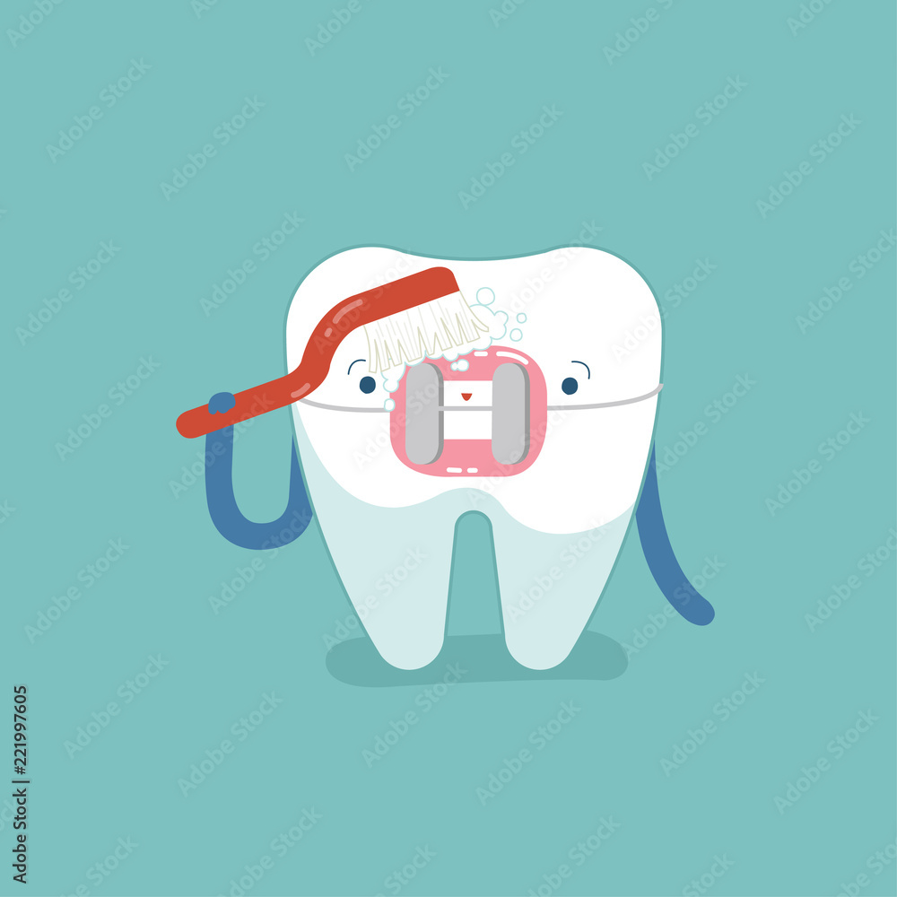 Brace tooth brushing with toothbrush, dental cartoon design. Stock ...