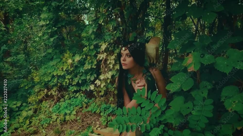 A forest nymph with long dark hair walks with a white owl. A girl in an ...