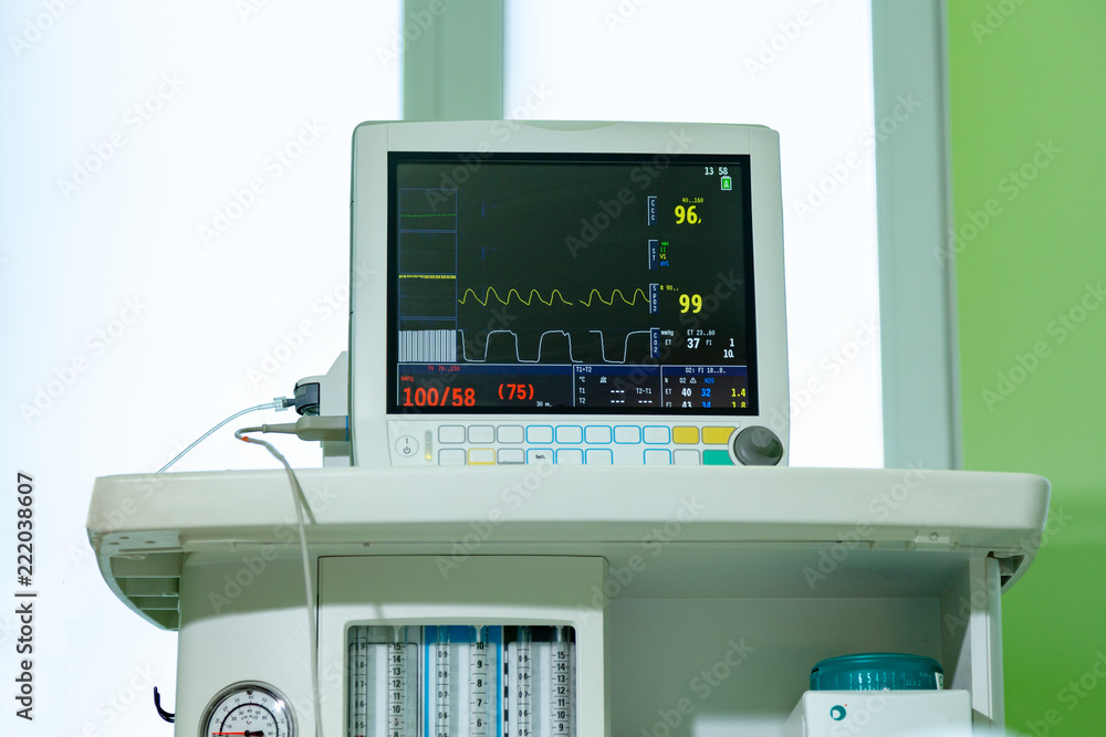 Medical vital signs monitor instrument in a hospital. This health care ...