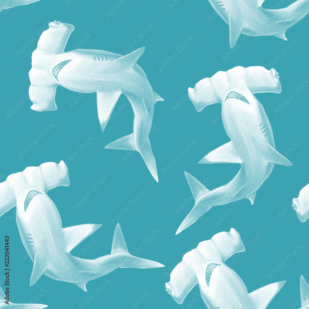 Hammerhead shark seamless pattern on light blue background ...
