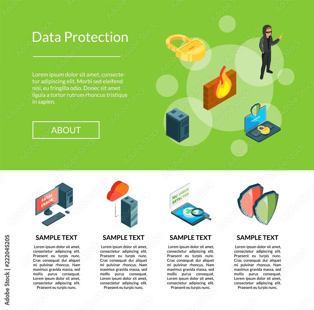 Vector isometric data and computer safety icons landing page template ...