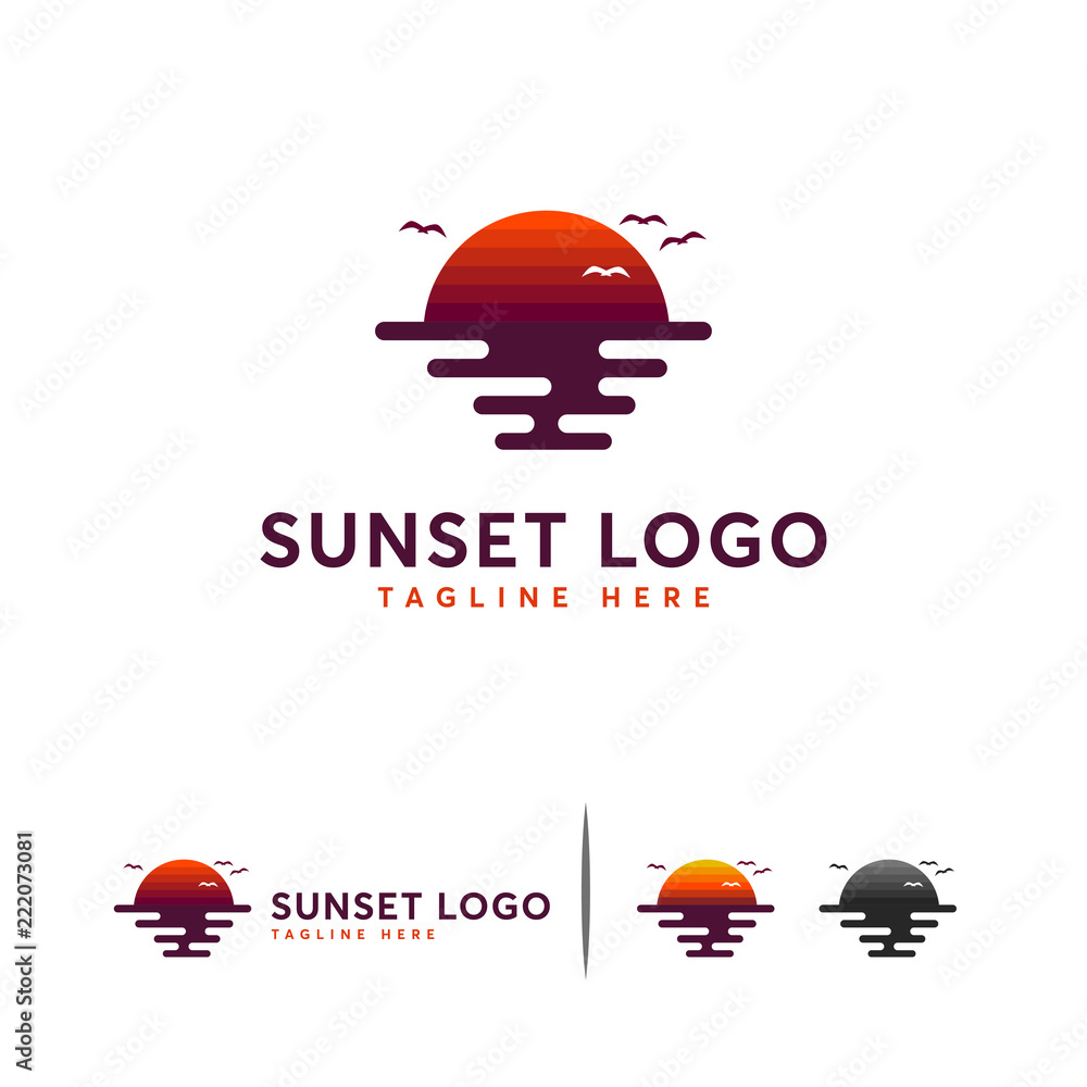 Sunset logo designs, Sunset in Ocean logo, Sunrise logo symbol Stock ...