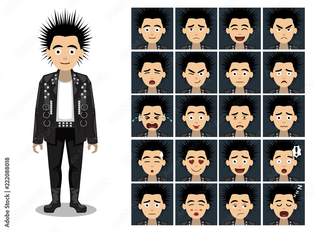 Punk Spike Head Man Cartoon Emotion faces Vector Illustration Stock ...