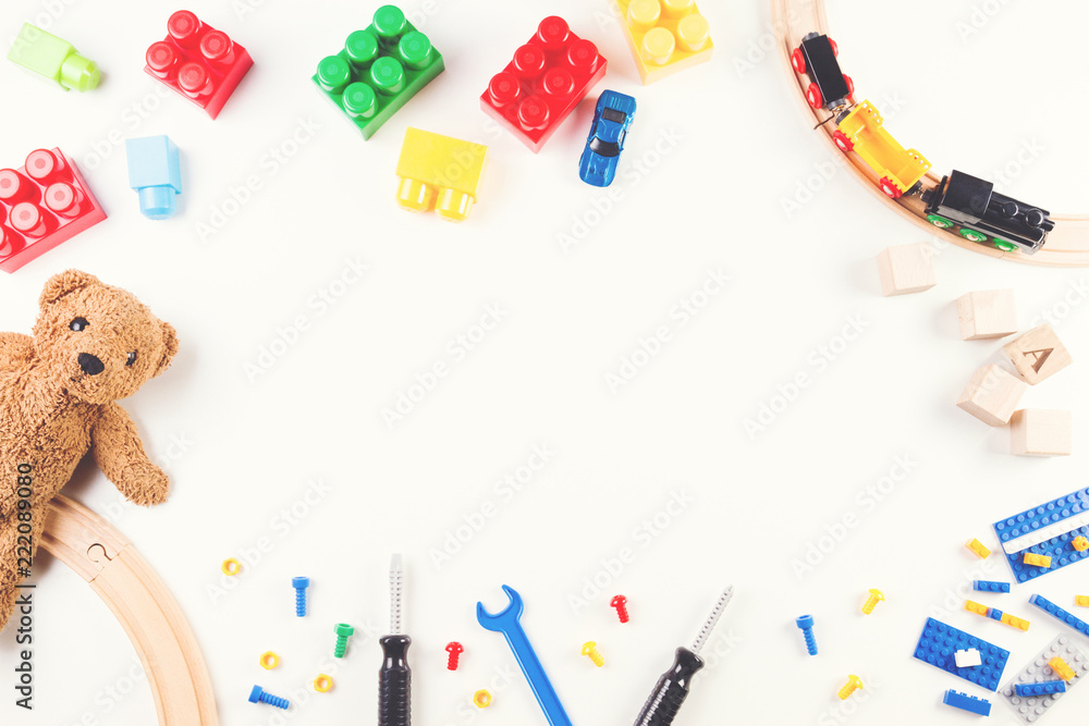 Kids toys background with construction blocks and cubes, toys tools ...