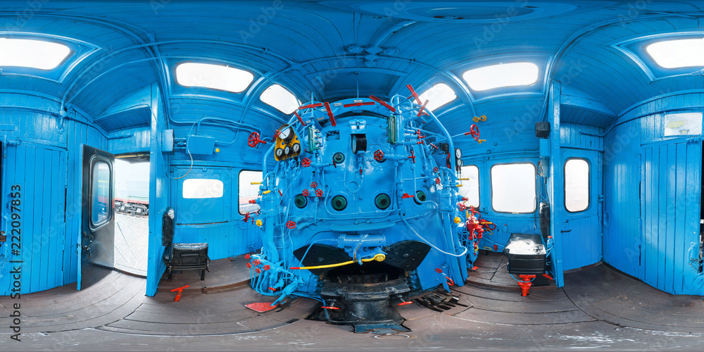 Old train drivers cab. Blue color. 3D spherical panorama with 360 ...
