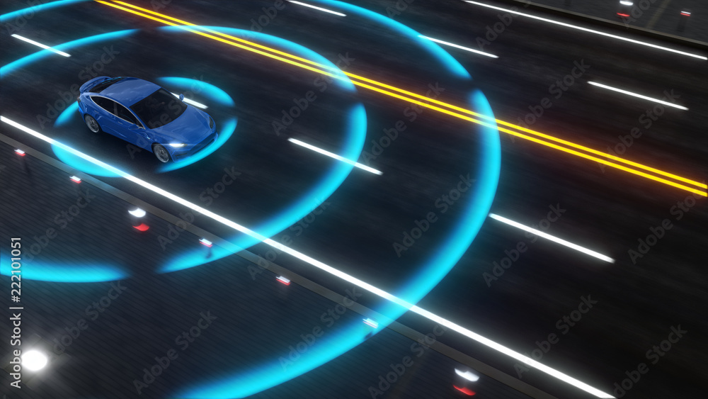 Autonomous self driving electric car change the lane and overtakes city ...