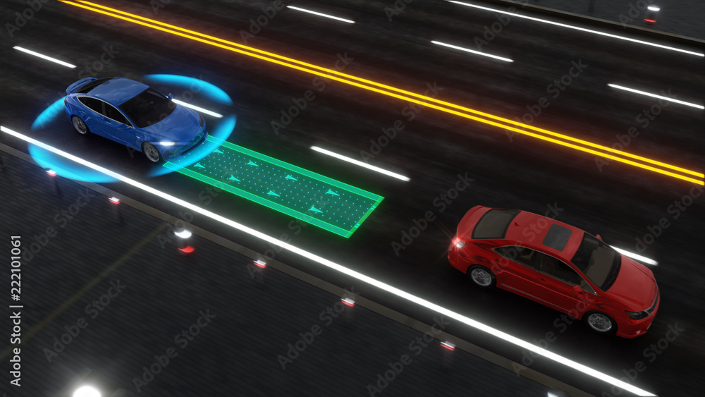 Autonomous self driving electric car change the lane and overtakes city ...