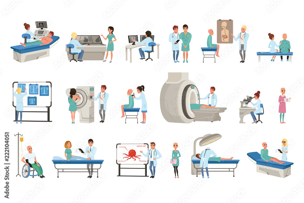 Diagnostic and treatment of cancer set, doctors, patients and equipment ...