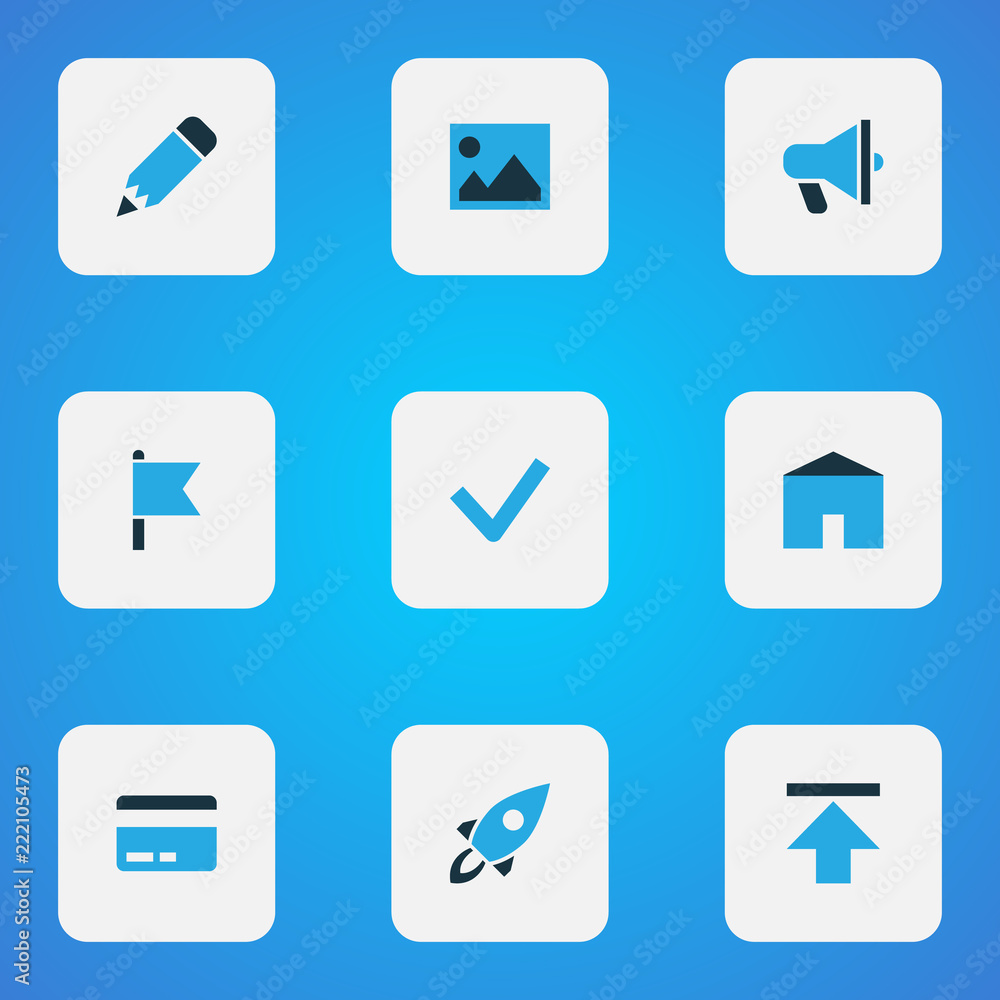 Interface icons colored set with launch, flag, checkmark and other ...