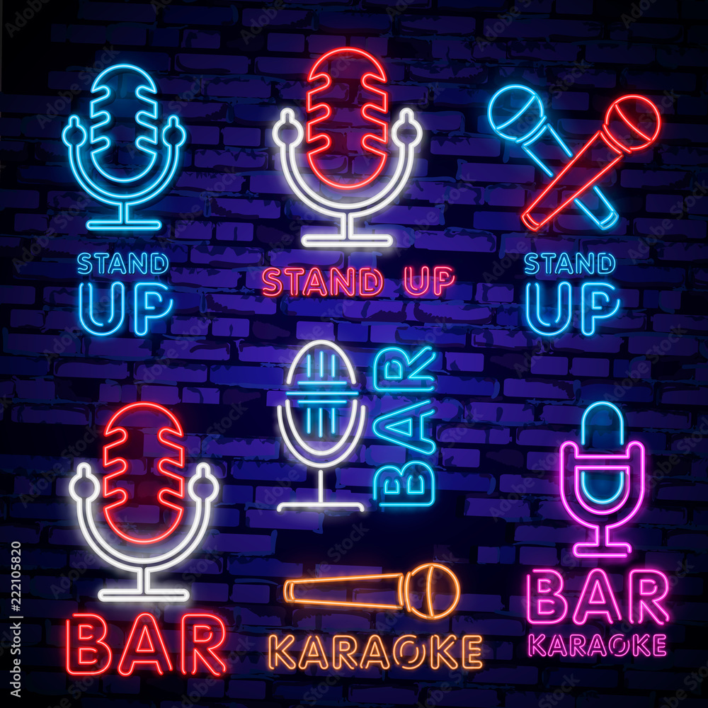 Set Stand Up neon sign. Neon sign, bright signboard, light banner ...