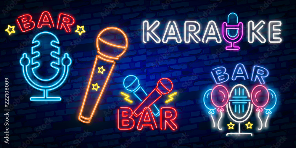 Karaoke set of neon signs. Collection is a light logo, a symbol, a ...