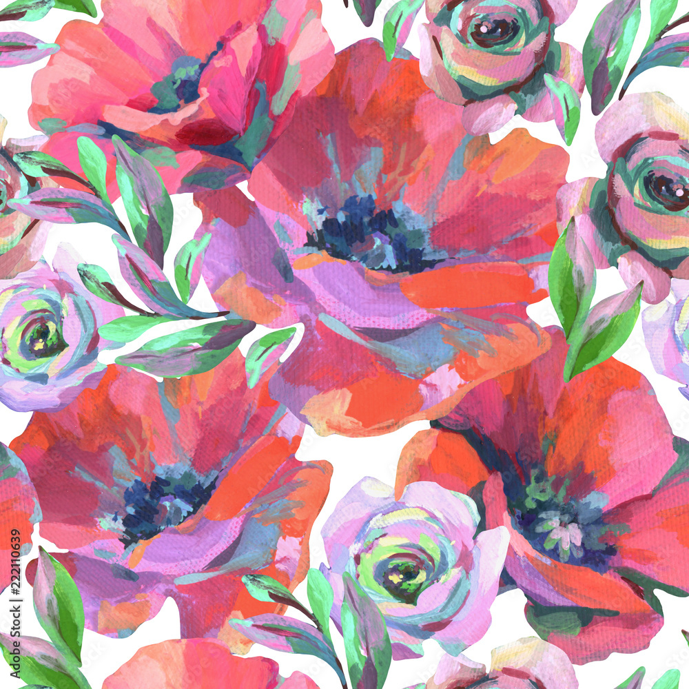 Acrylic flowers and leaves seamless pattern Stock Illustration | Adobe ...