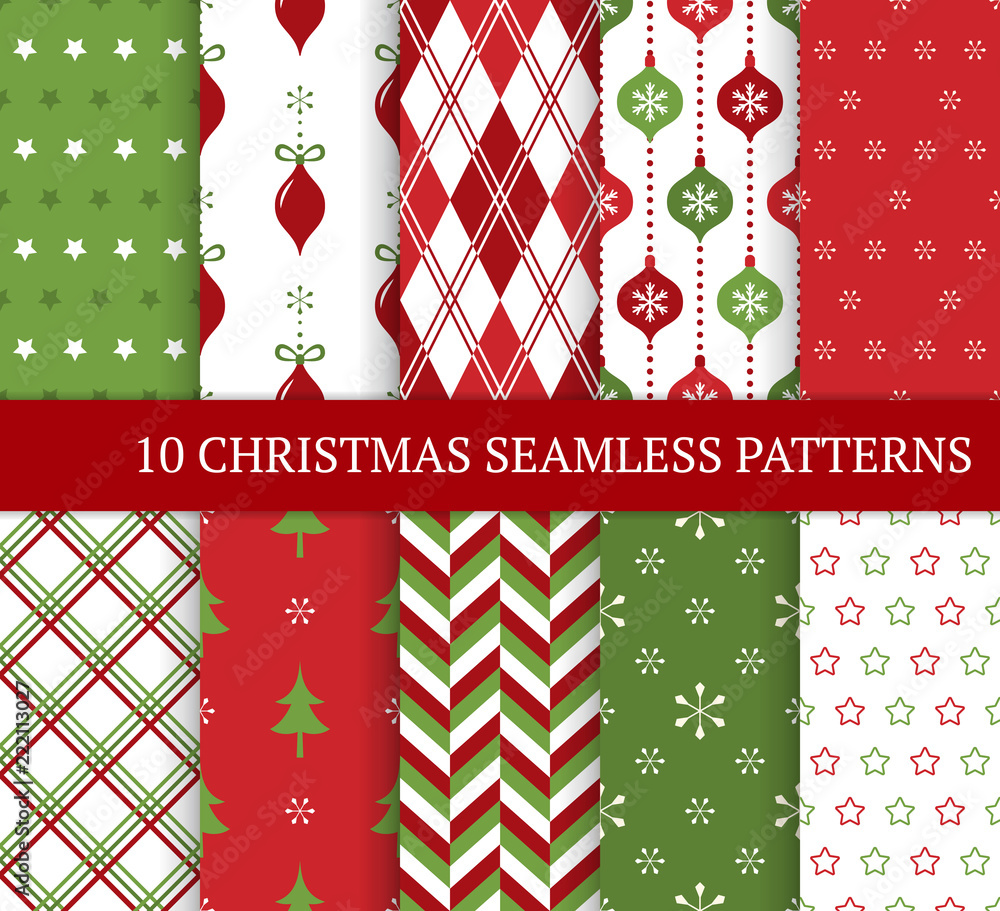 Ten Christmas different seamless patterns. Xmas endless texture for ...