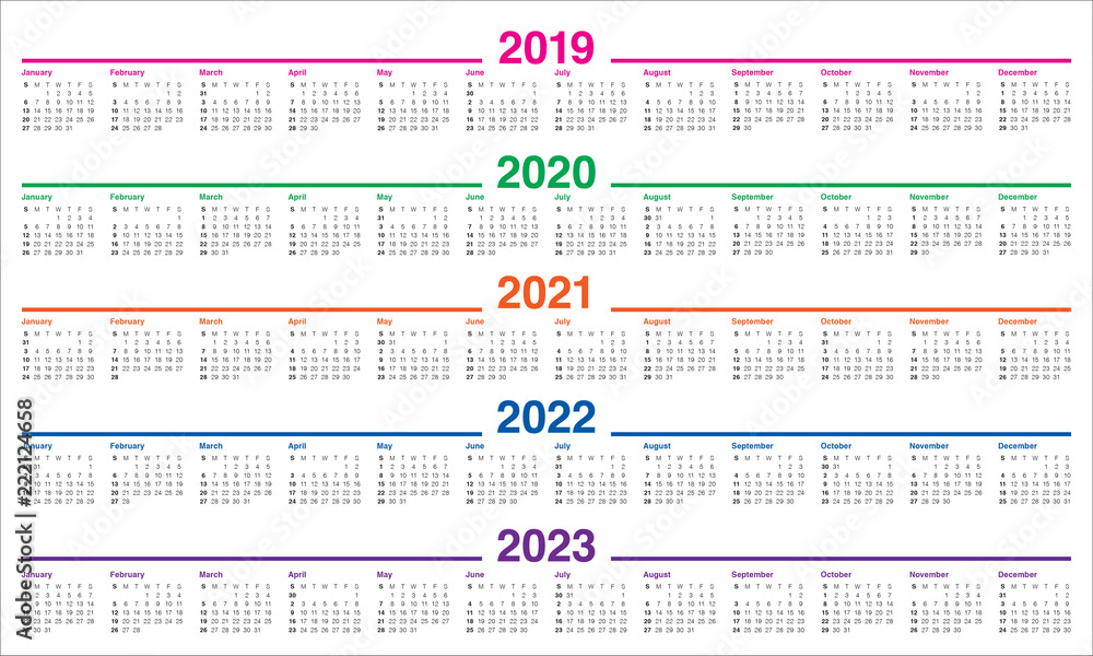 Year 2019 2020 2021 2022 2023 calendar vector design template Stock ...