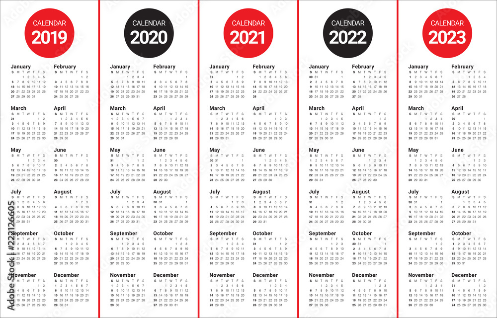 Year 2019 2020 2021 2022 2023 calendar vector design template Stock ...