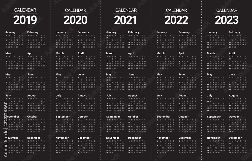 Year 2019 2020 2021 2022 2023 calendar vector design template Stock ...