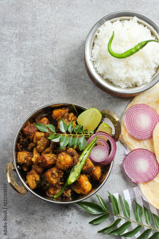 Kerala Pork Fry or Roast served with Parotta and rice,Top down view ...