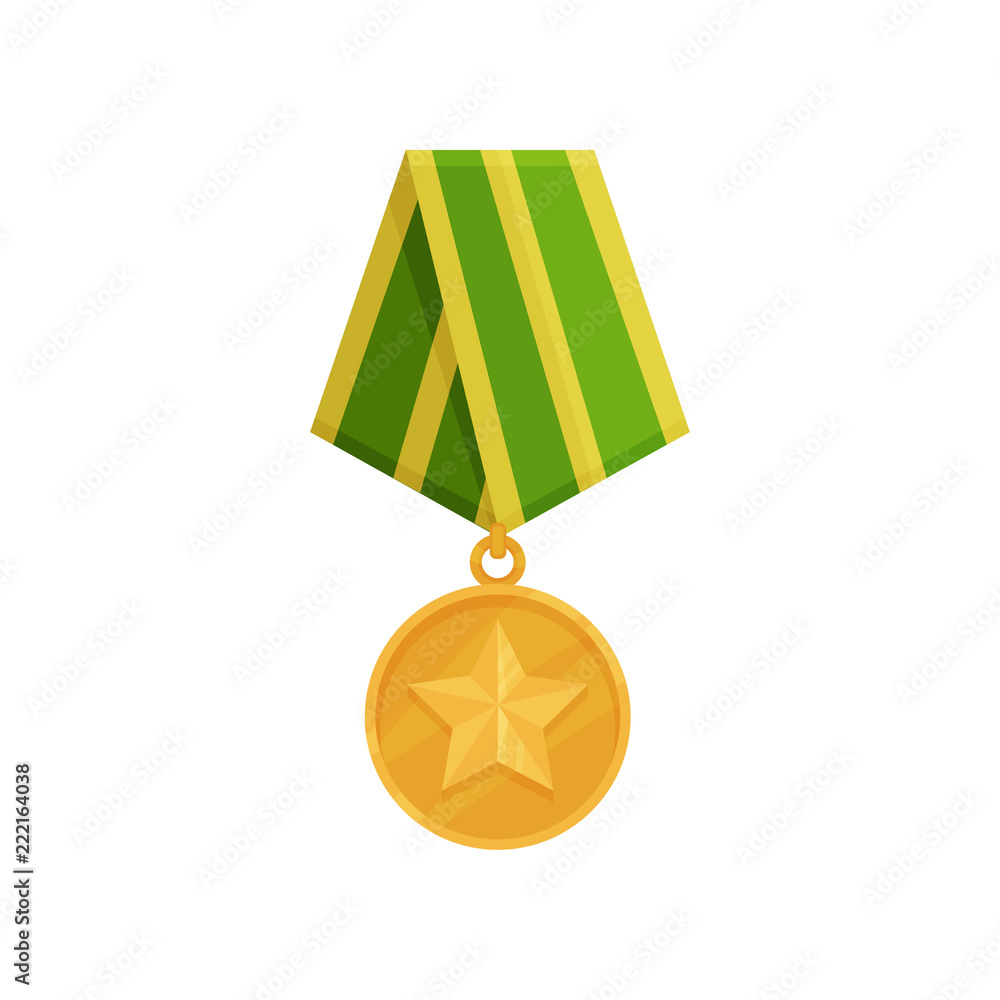 Military golden medal with star and green-yellow ribbon. Shiny army ...