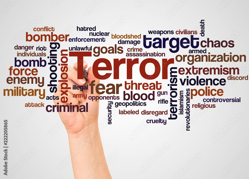 Terror word cloud and hand with marker concept Stock Illustration ...