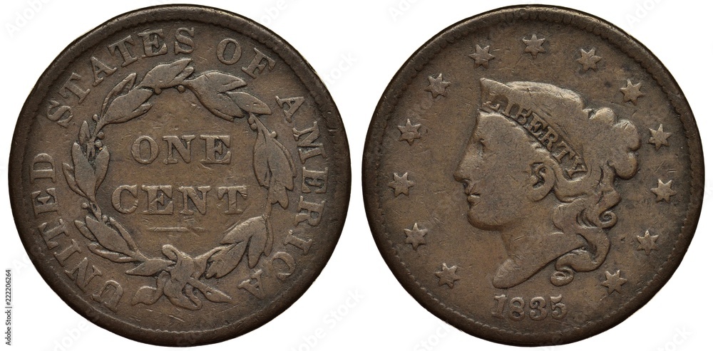 United States coin 1 one cent 1835, big size type, value within ...