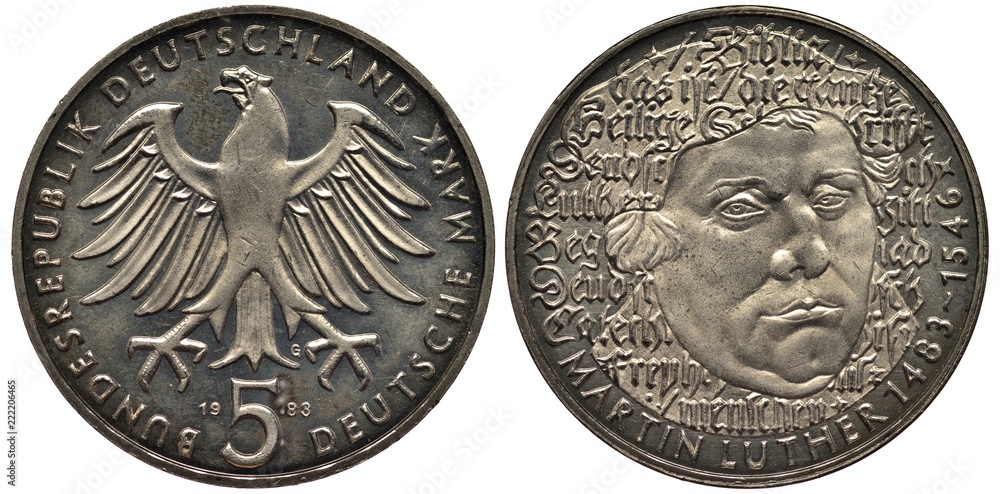 Germany German coin 5 five mark 1983, Subject Martin Luther, eagle ...