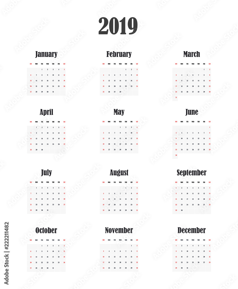 2019 New year vector calendar in minimal simple style on white background with black numners. Week starts in Sunday, twelve month calendar in one. Work and holiday events planner Stock Vector |